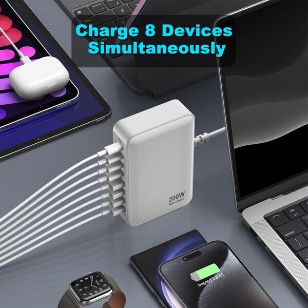 200 W Usb C laadija, Usb toiteplokk mitme pistikuga 8 pordiga ...