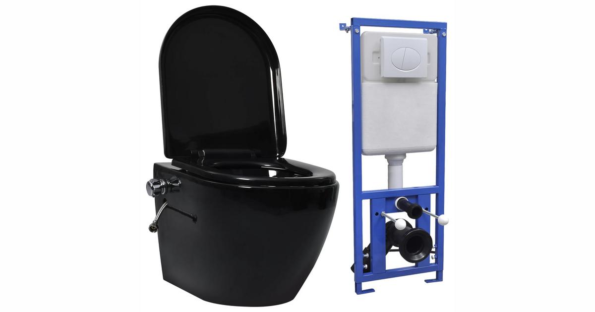 vidaXL seinale kinnituv ääreta peidetud loputuskastiga WC-pott, must ...